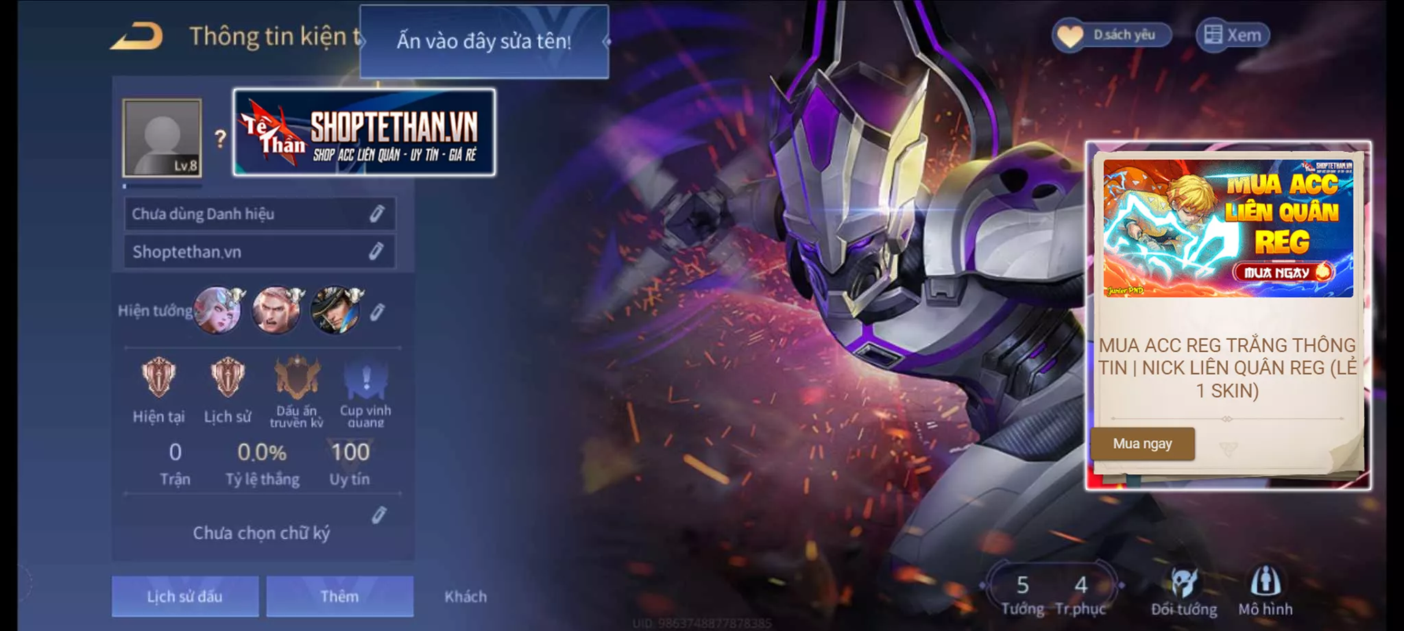 Acc #37048: (SALE) ACC REG: Valhein vũ khí tối thượng, sẵn tướng, free đổi tên trắng thông tin ...